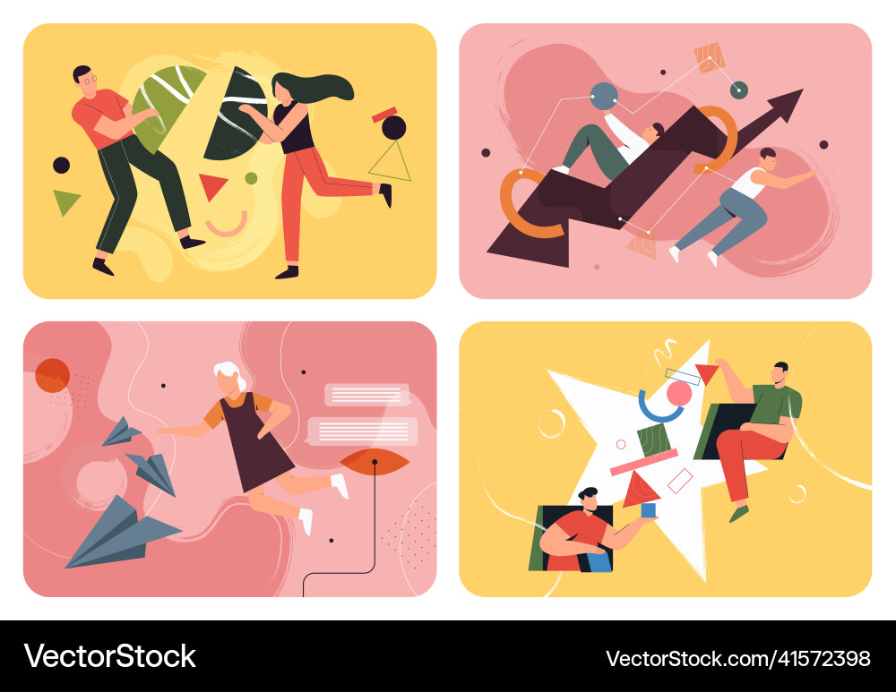 People connect abstract geometric shapes set team Vector Image