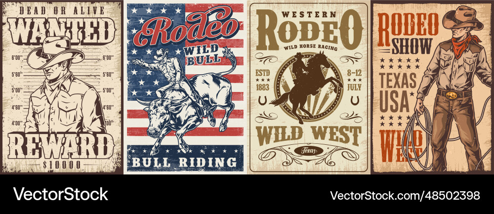 Rodeo events colorful set flyers Royalty Free Vector Image