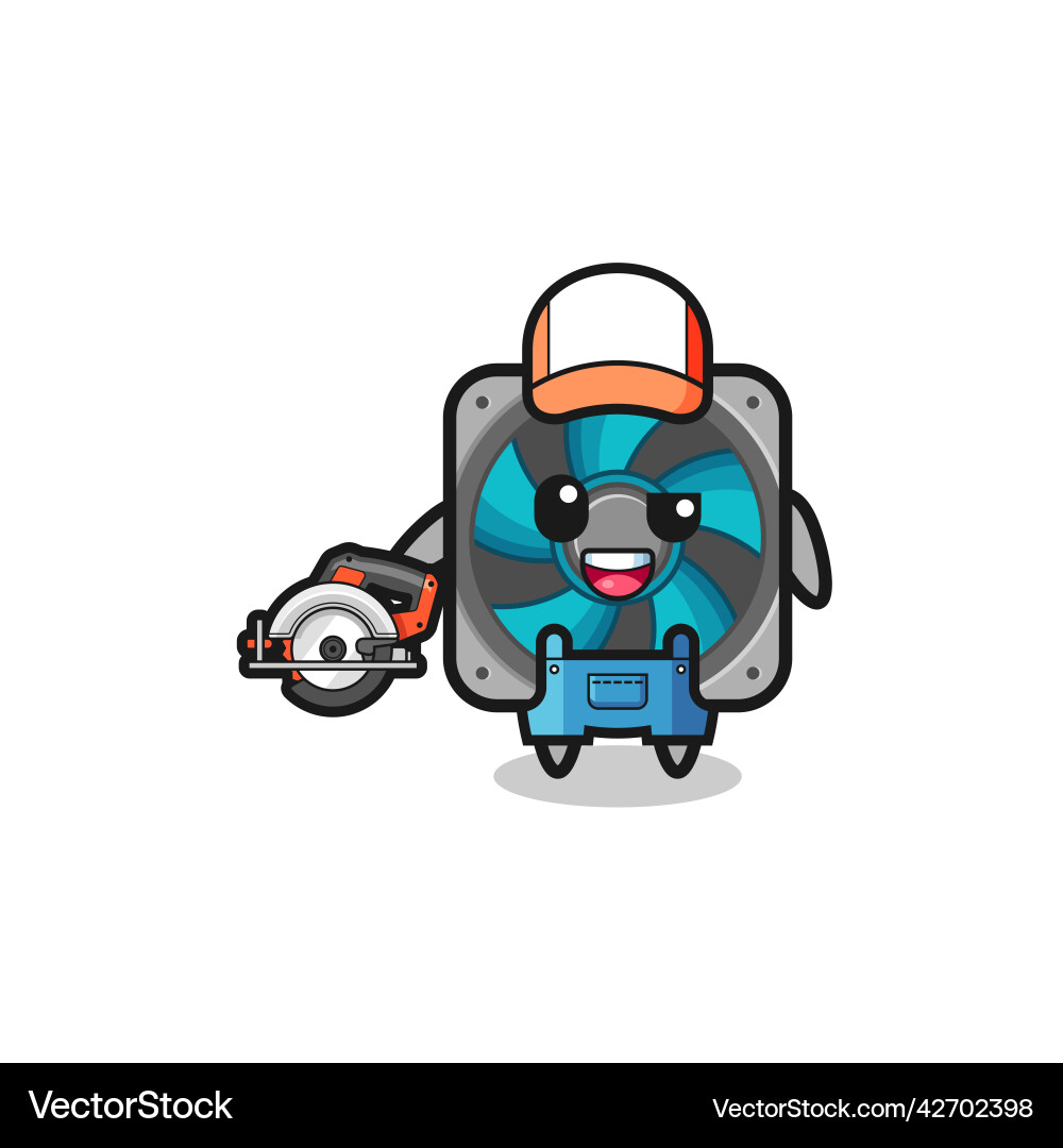 Woodworker computer fan mascot holding a circular Vector Image