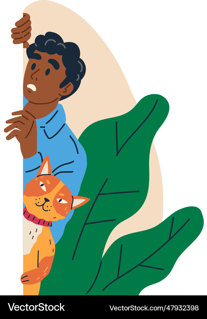 Young man and his cat spy observing sneaking Vector Image