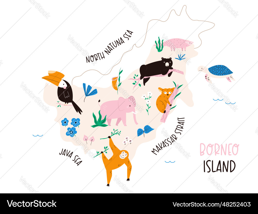 Borneo hand drawn map with funny animals cartoon Vector Image