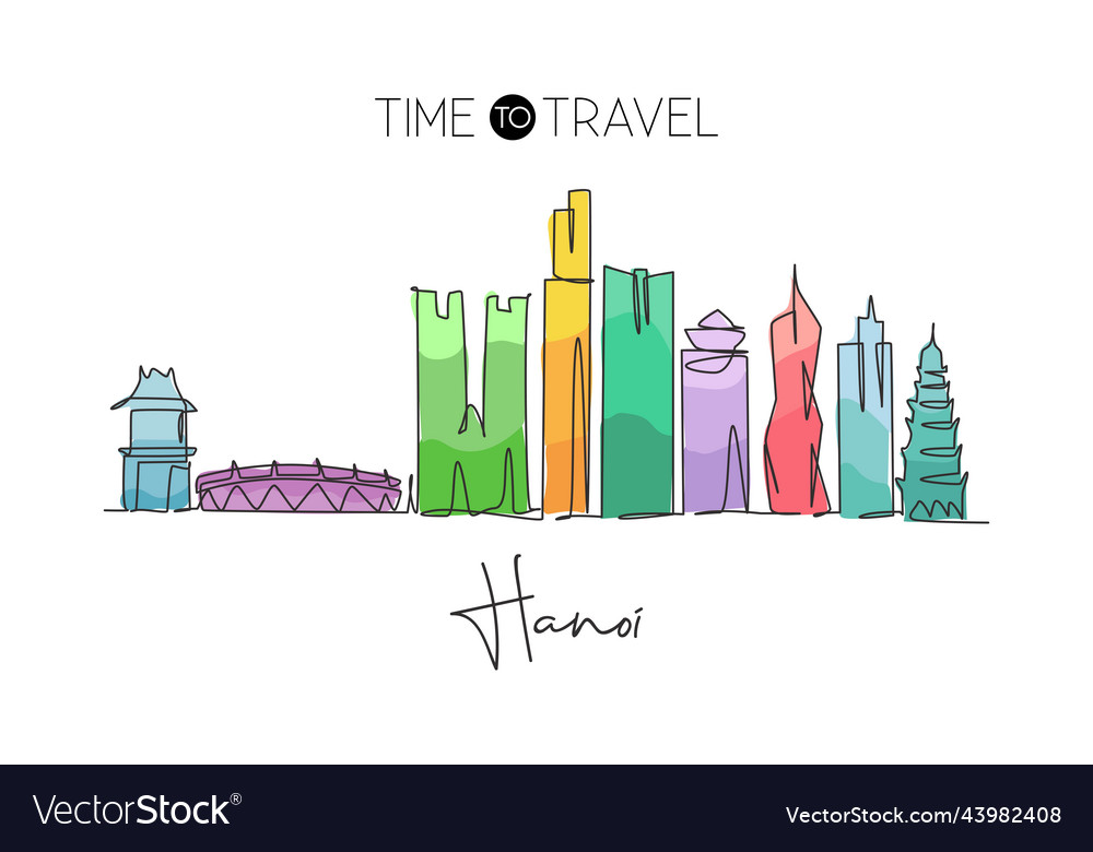 One Continuous Line Drawing Of Hanoi City Skyline Vector Image