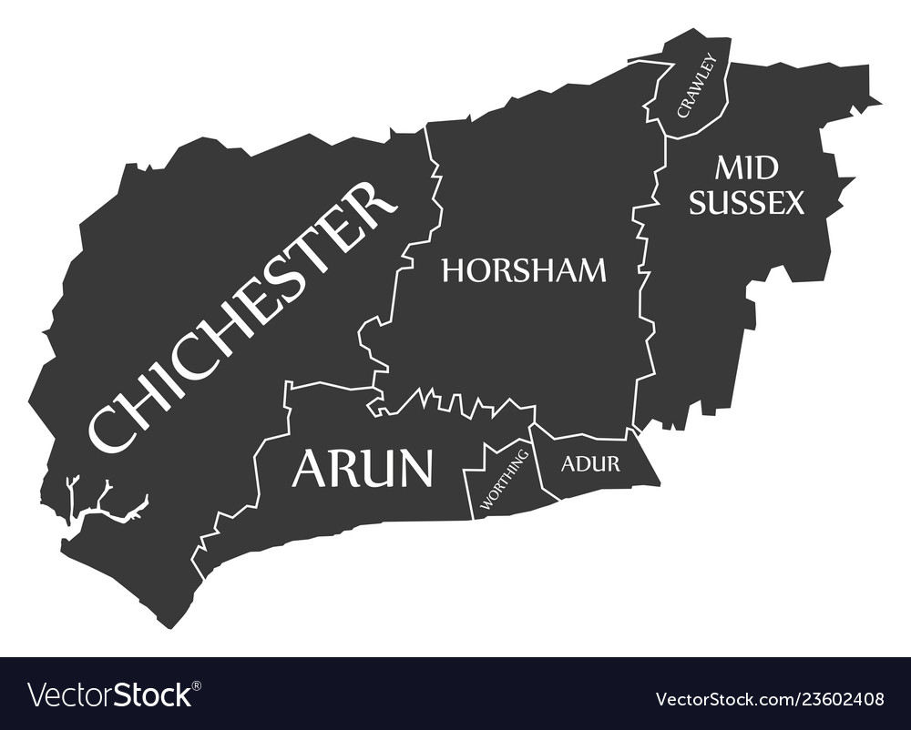 West Sussex County England Uk Black Map Royalty Free Vector