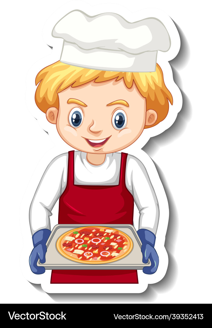 Sticker design with chef boy holding pizza tray Vector Image
