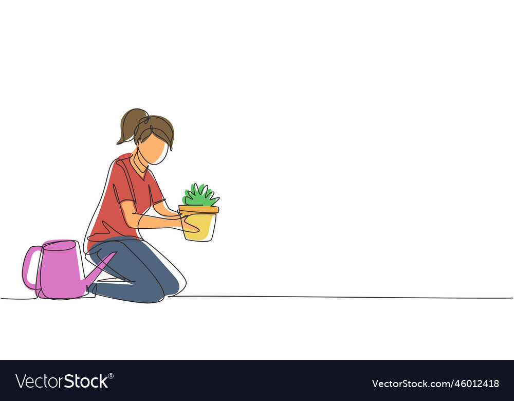Continuous one line drawing happy girl taking Vector Image