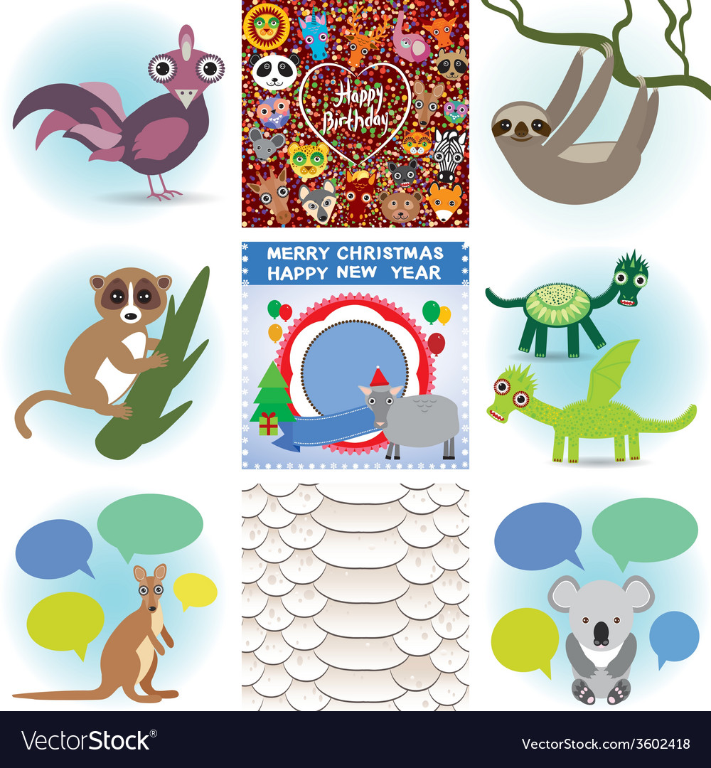 Set of funny animals greeting cards happy birthday