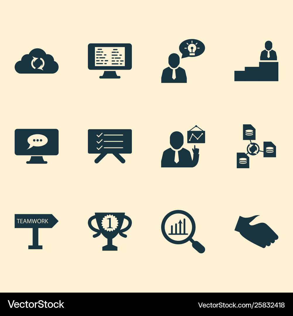 Teamwork icons set with handshake file sharing Vector Image