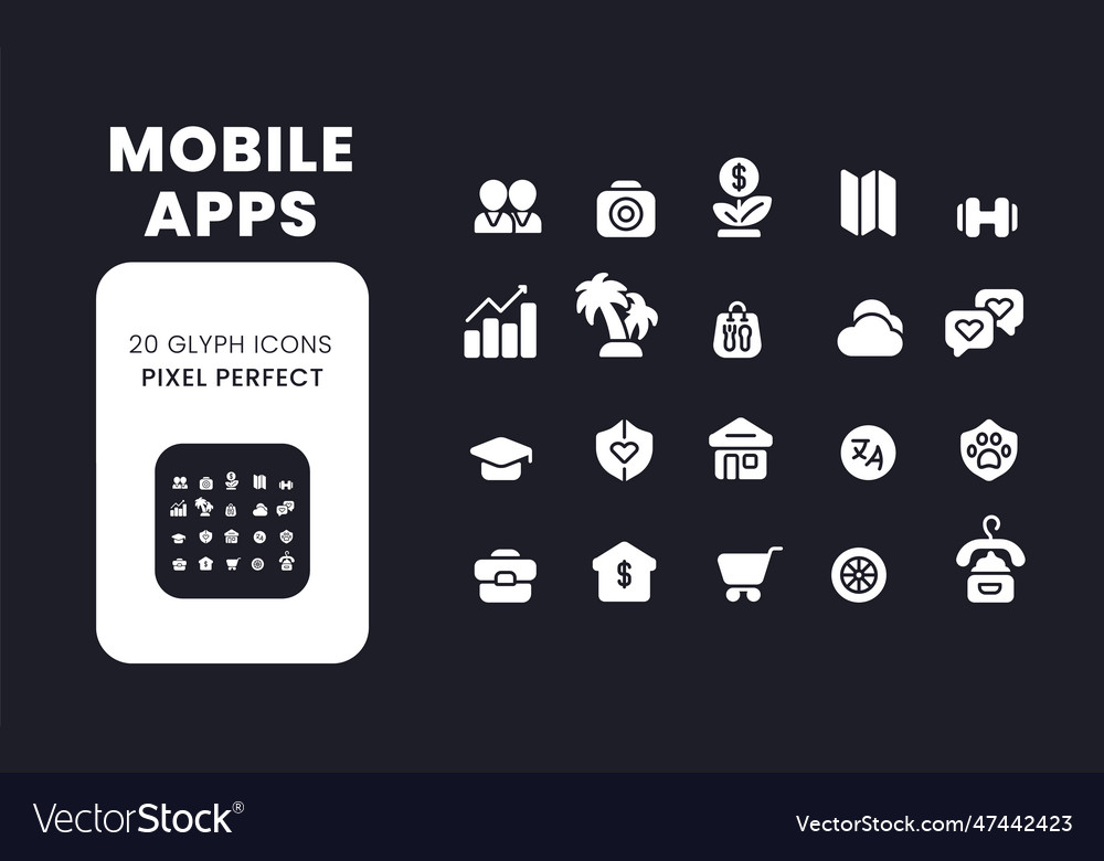 Mobile apps white solid desktop icons set Vector Image Mobile apps white solid desktop icons set Vector Image