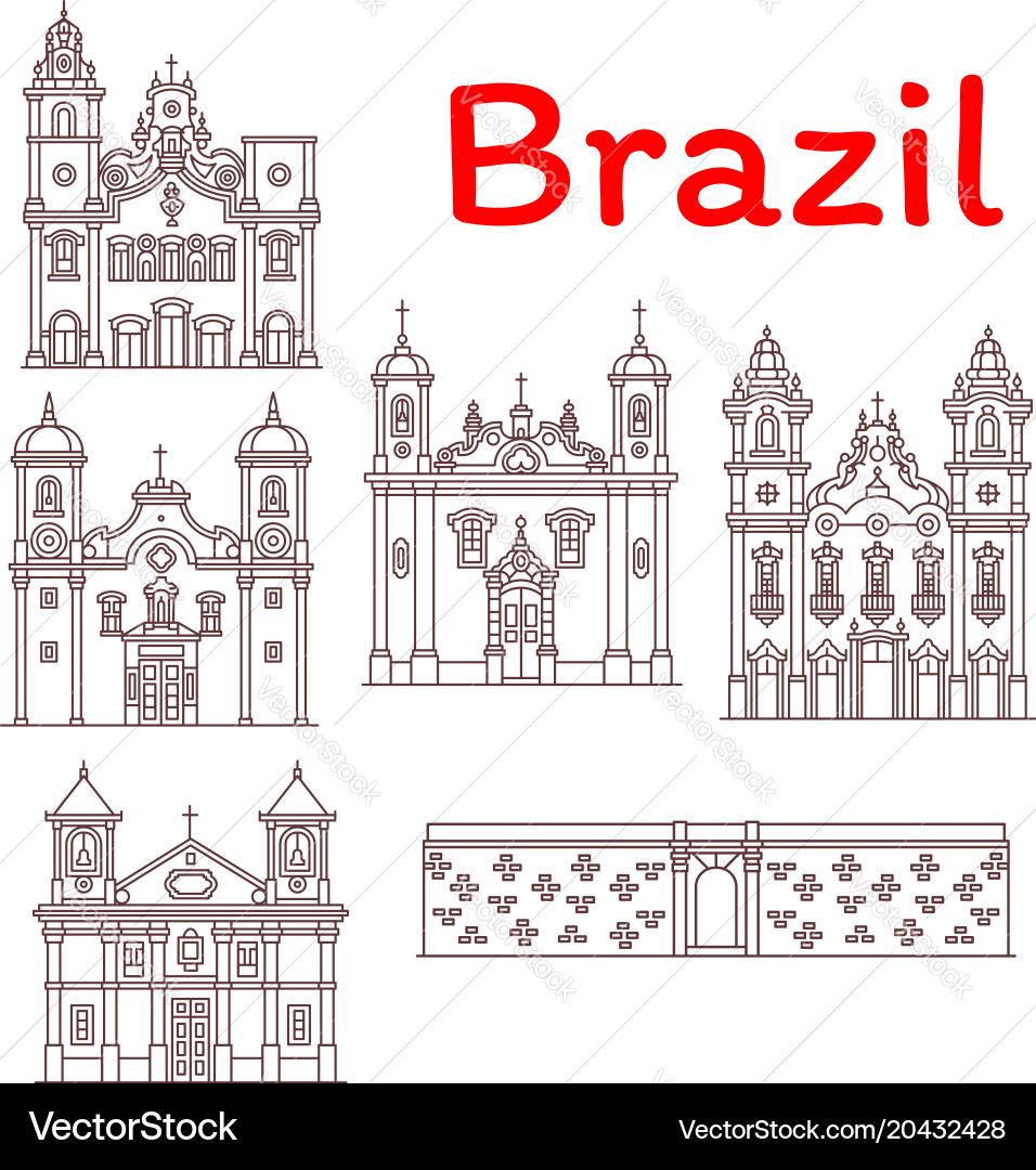 Brazil landmarks architecture line icons Vector Image