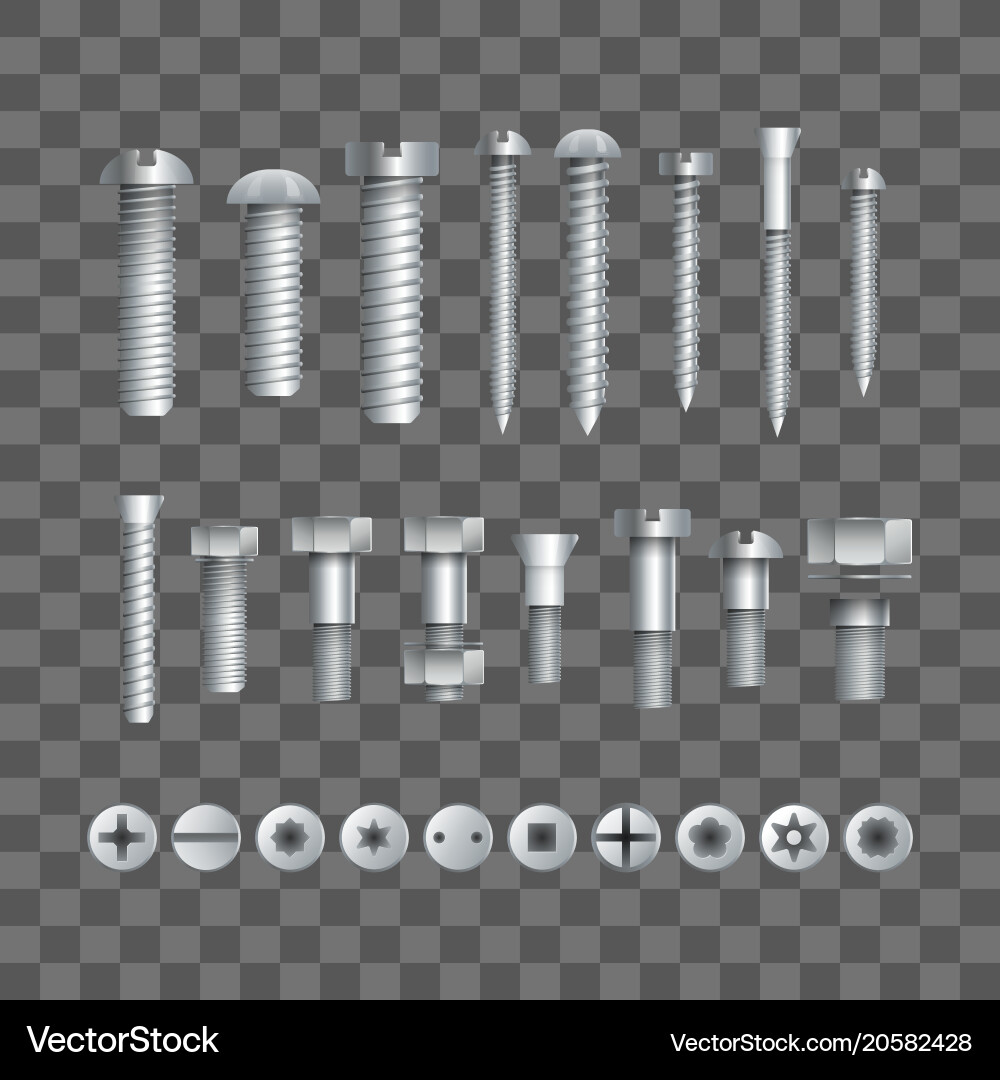 Metallic bolts and screws isolated set Royalty Free Vector