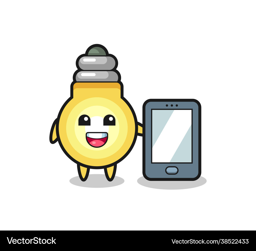 Light bulb cartoon holding a smartphone Royalty Free Vector