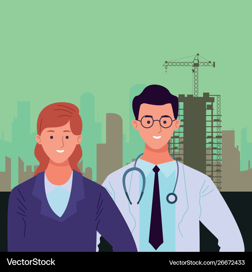 Professionals workers couple smiling cartoons Vector Image