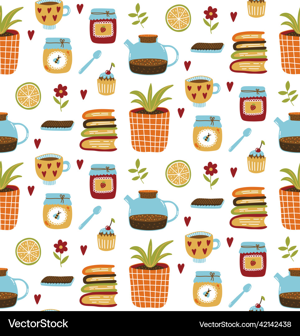Cute cozy home icons tea seamless pattern Vector Image