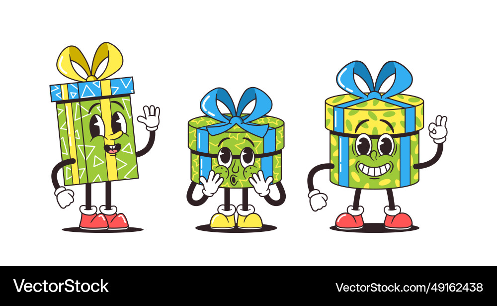 Retro groovy style gift box characters vibrant Vector Image