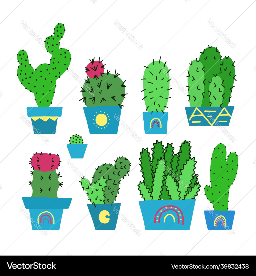 Set of hand drawn green different cactuses Vector Image