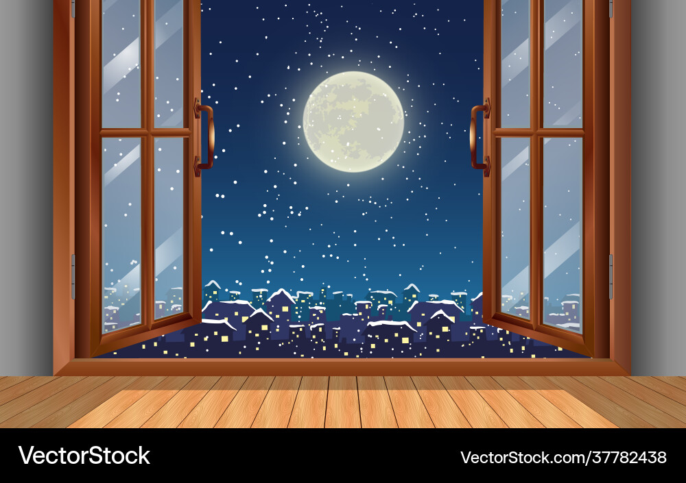 Wooden table at windows in full moon night Vector Image