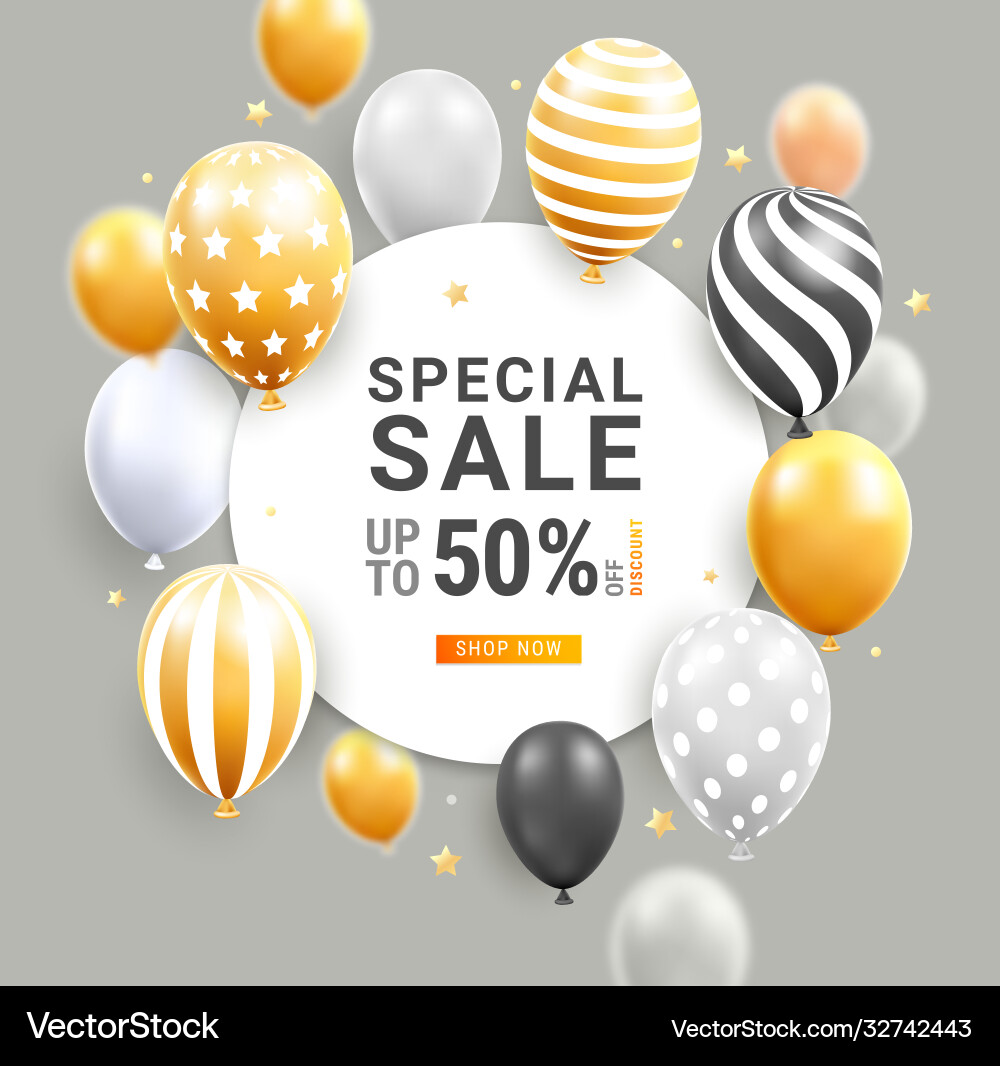 Gold white and black balloons with frame Vector Image