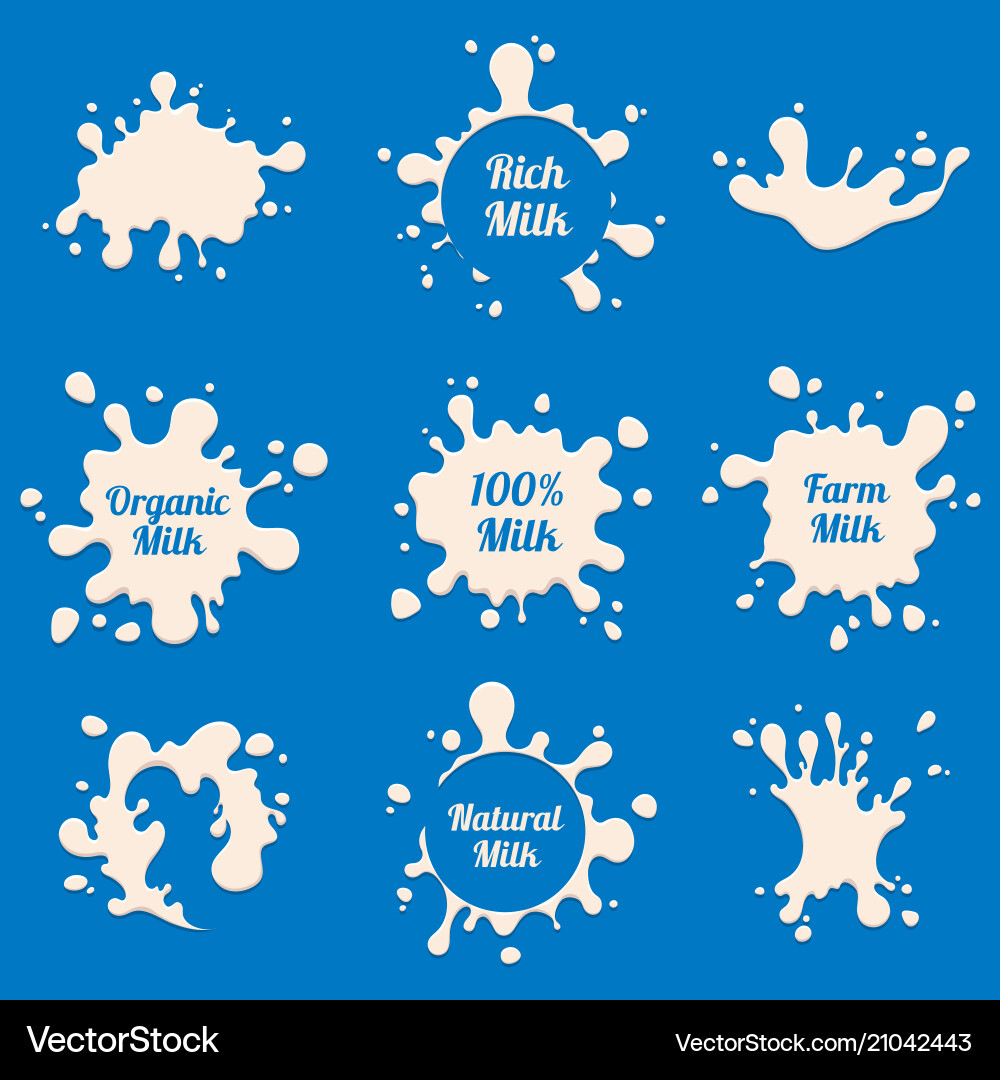 Milk splashes labels farm fresh dairy Royalty Free Vector