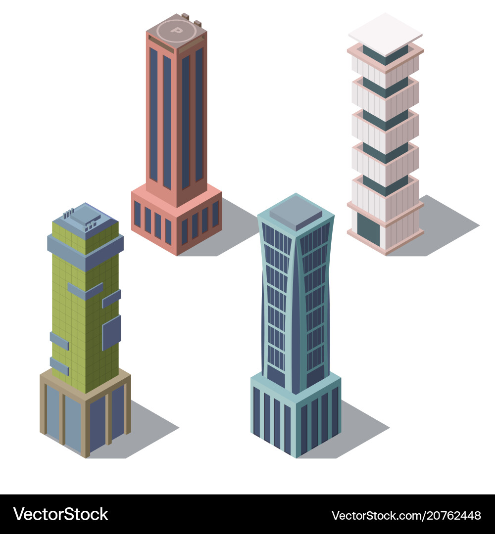 Isometric buildings cartoon skyscrapers Royalty Free Vector