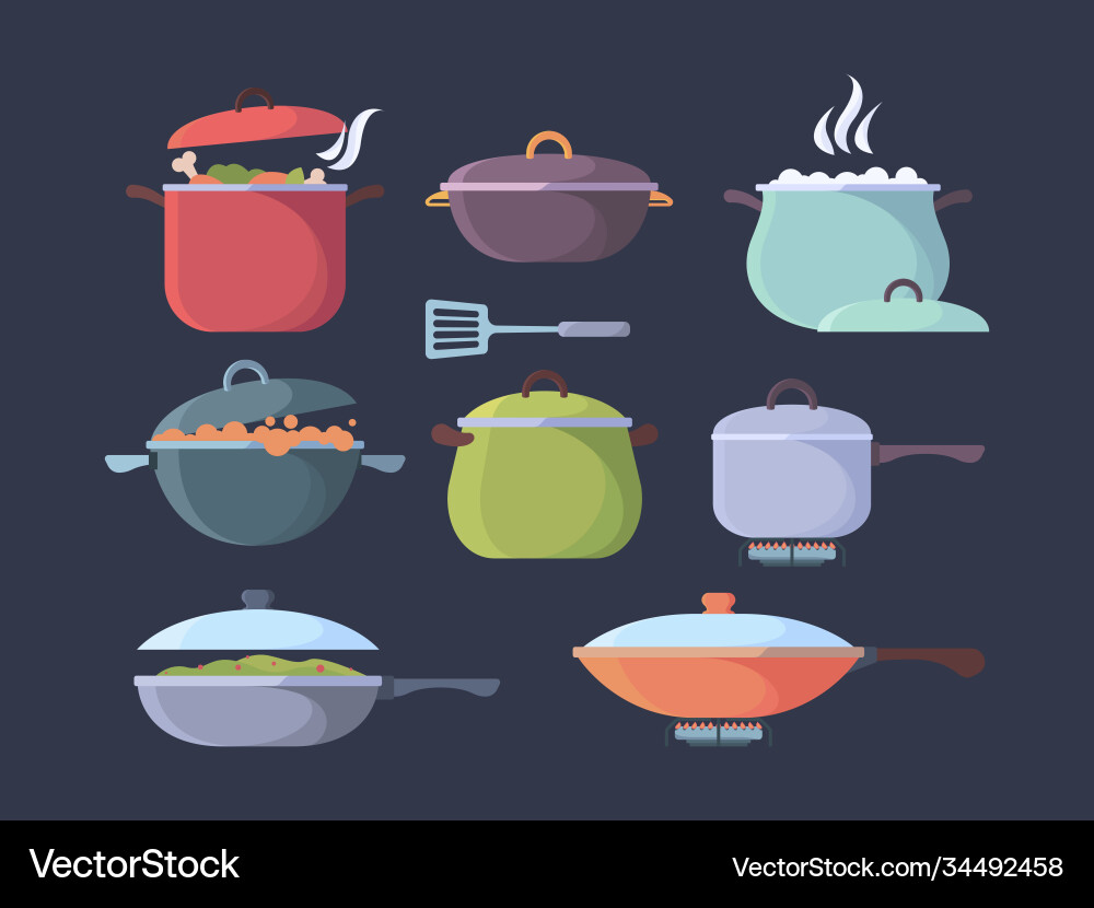 Gas stove boiling food preparing different Vector Image