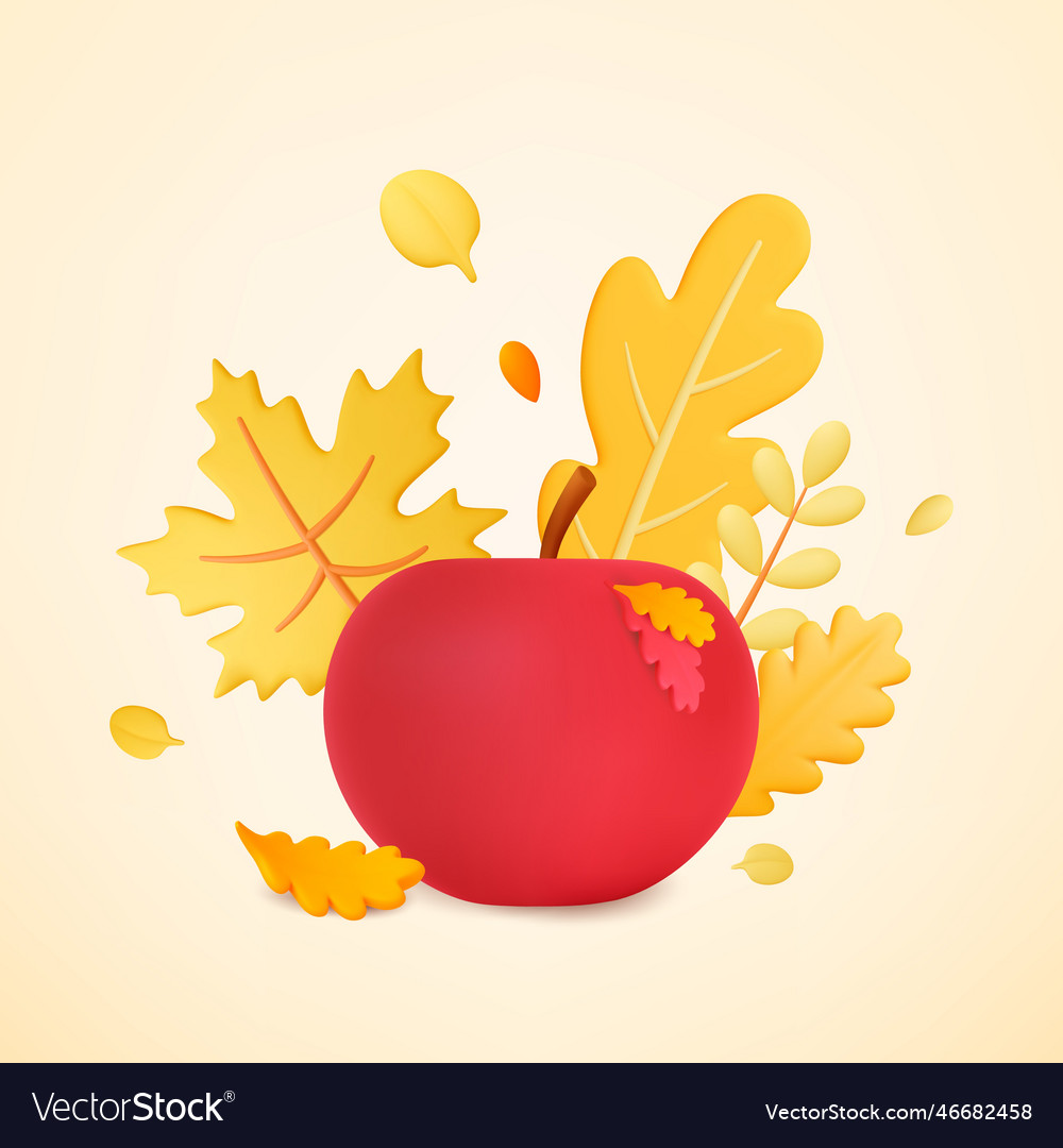 Red apple 3d element and autumn leaves fall Vector Image