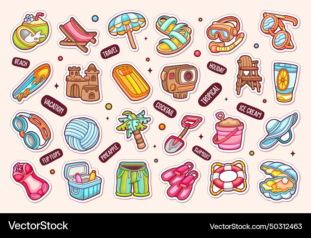 Beach sticker icons hand drawn coloring Royalty Free Vector