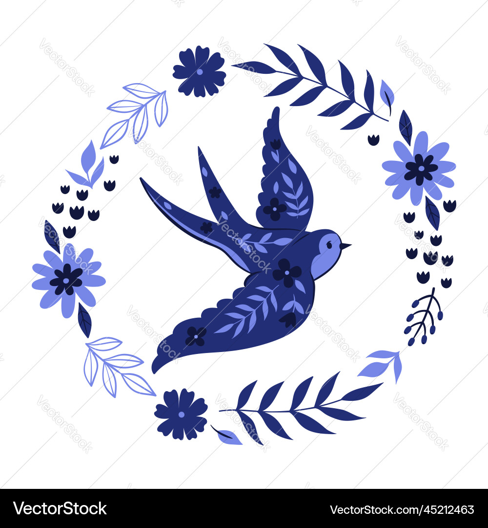 Round composition with a swallow and flowers Vector Image