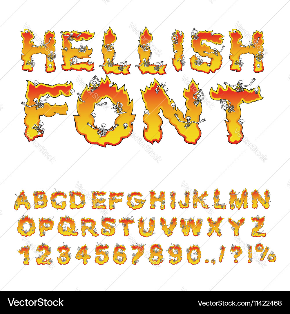 Hellish font inferno ABC Fire letters Sinners in Vector Image