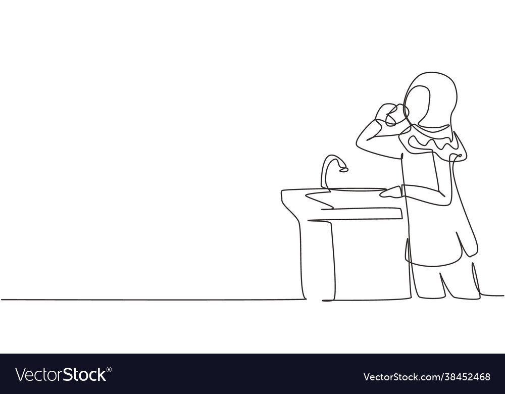 Single One Line Drawing Arabian Girl Drinking Vector Image