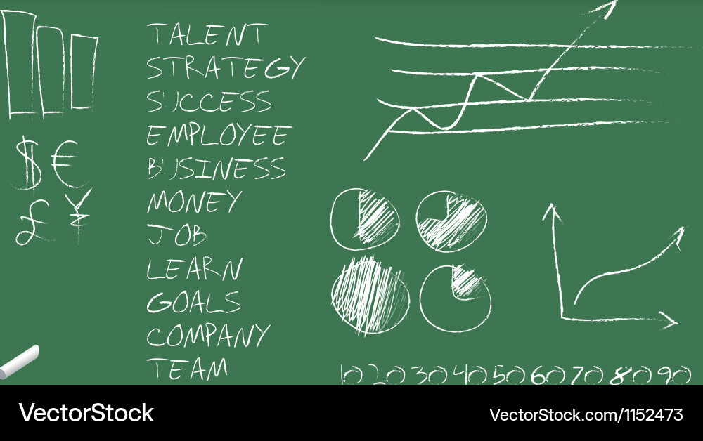 Green blackboard with business graphs and terms Vector Image