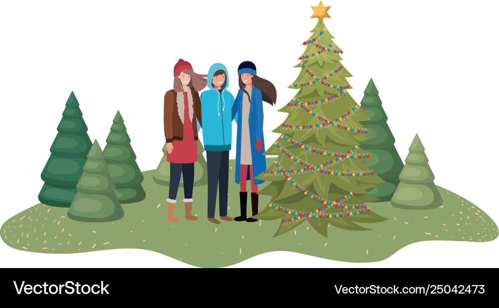 Group people with christmas tree in landscape Vector Image