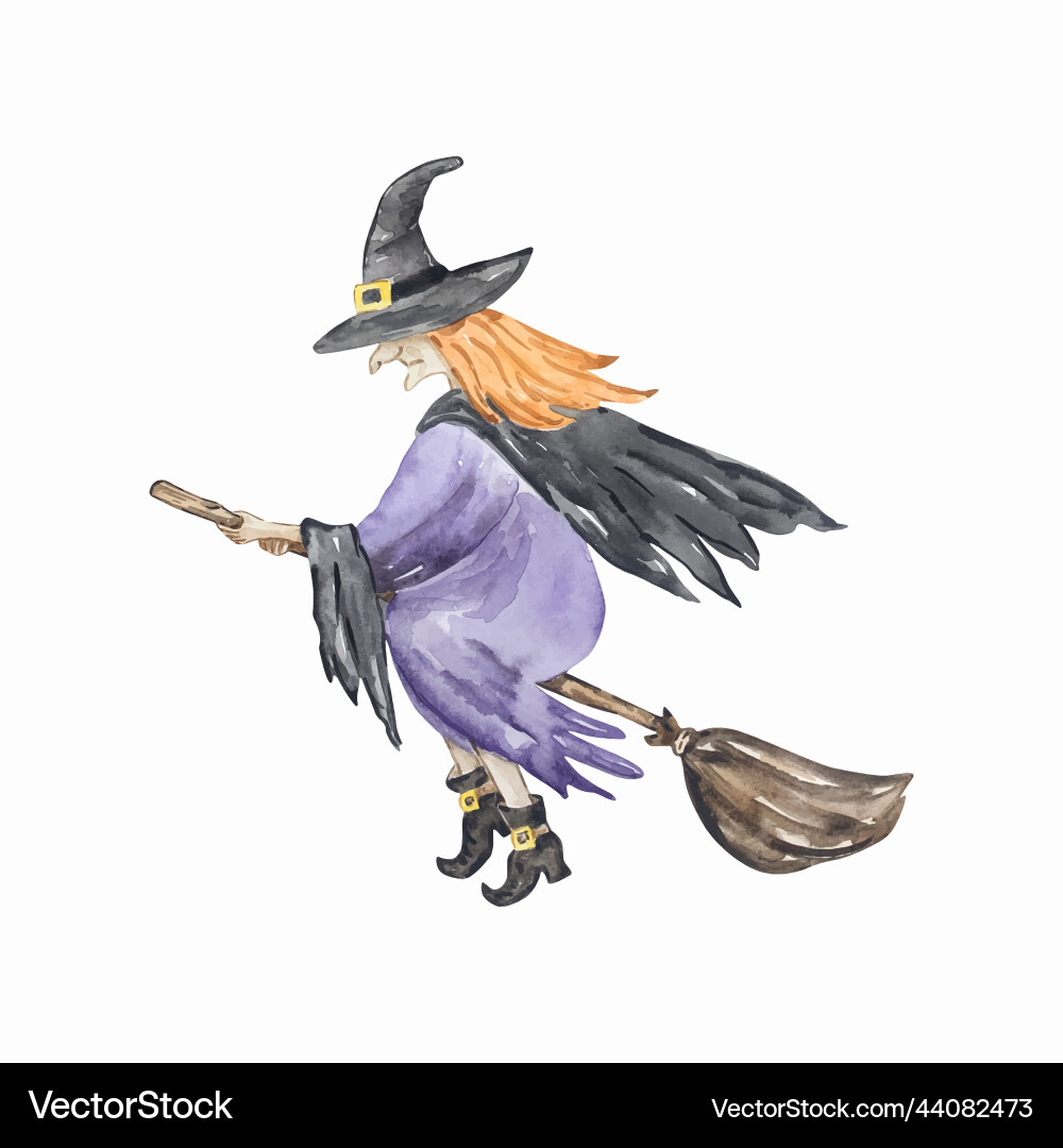 Watercolor witch on a broomstick Royalty Free Vector Image