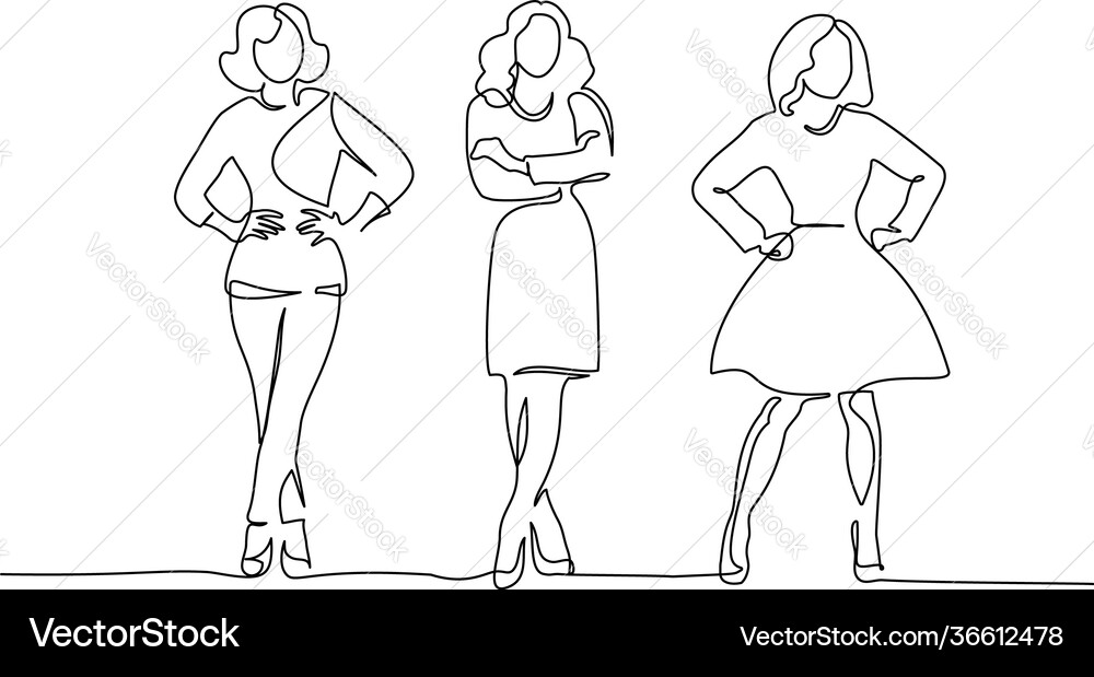Three slender girls standing one line drawing Vector Image
