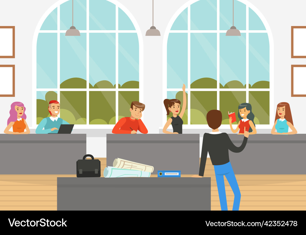 University education with professor at table Vector Image
