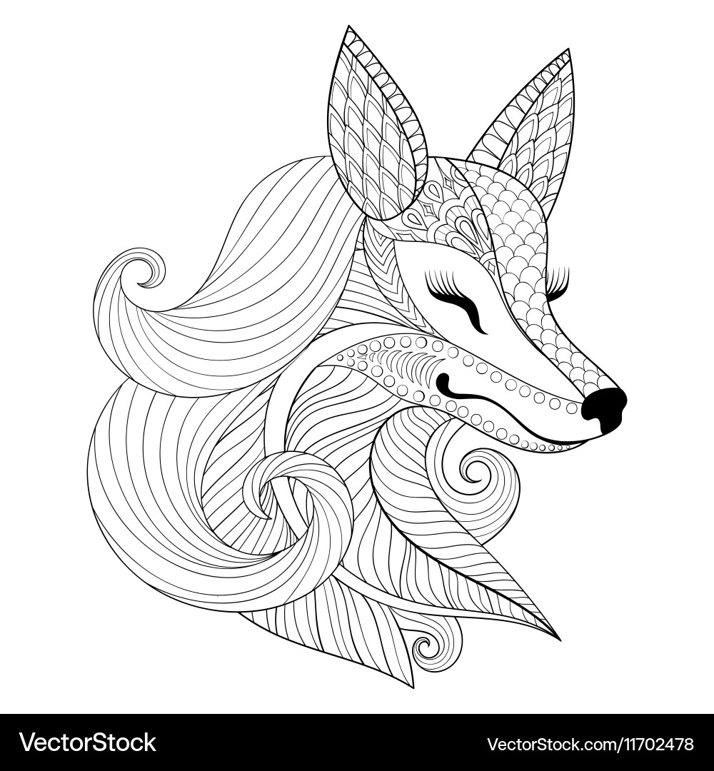 Zentangle Fox face in monochrome doodle style Hand