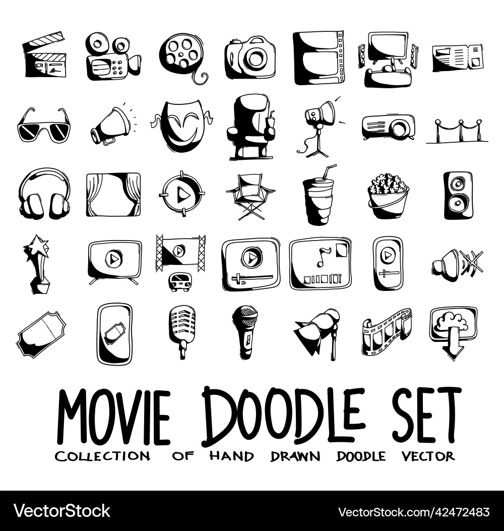 Movie doodle icon set drawing sketch Royalty Free Vector