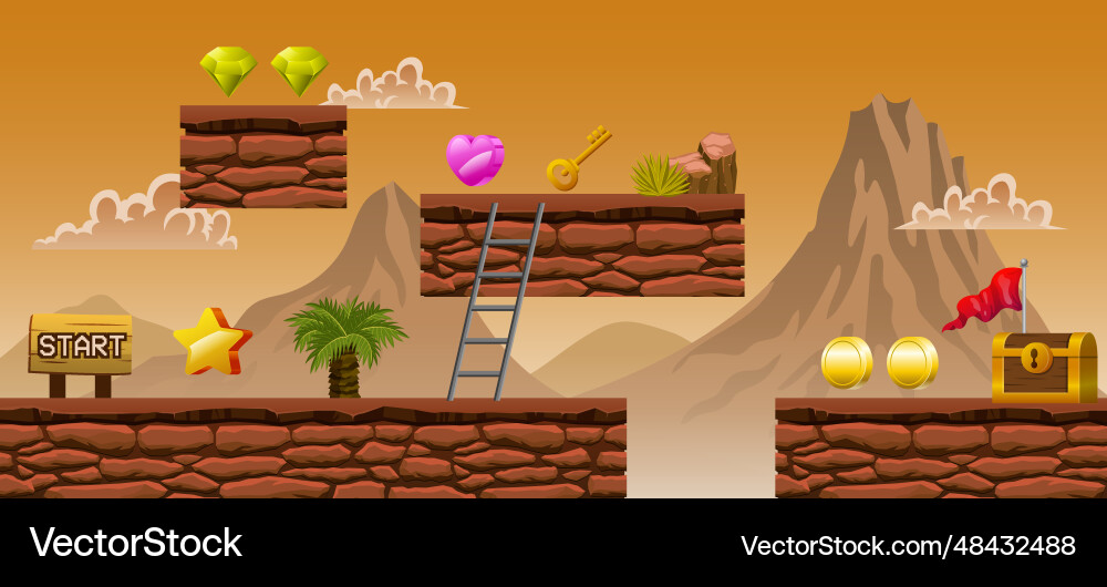 2d game platform cartoon in volcanic mountains Vector Image