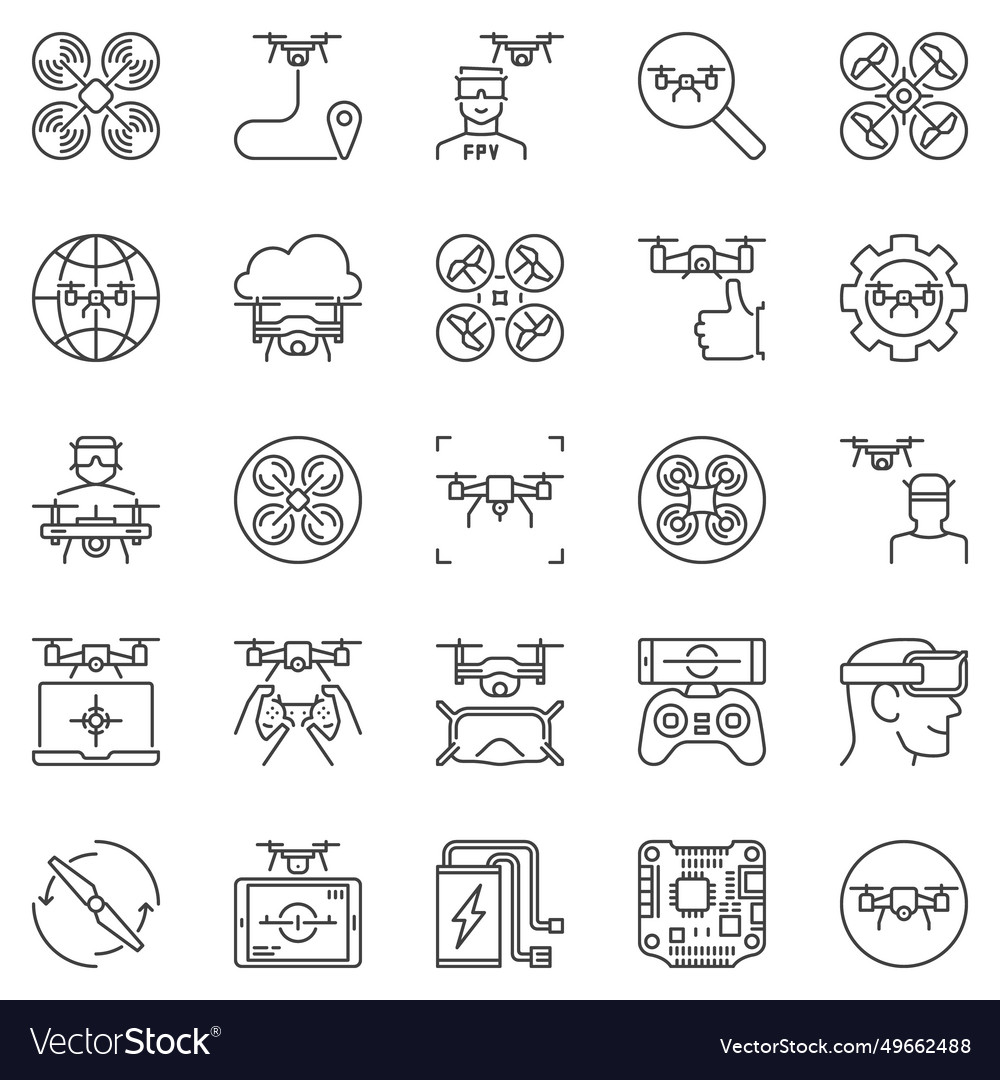 Fpv Drone Outline Icons Set Quadcopter Gadget Vector Image