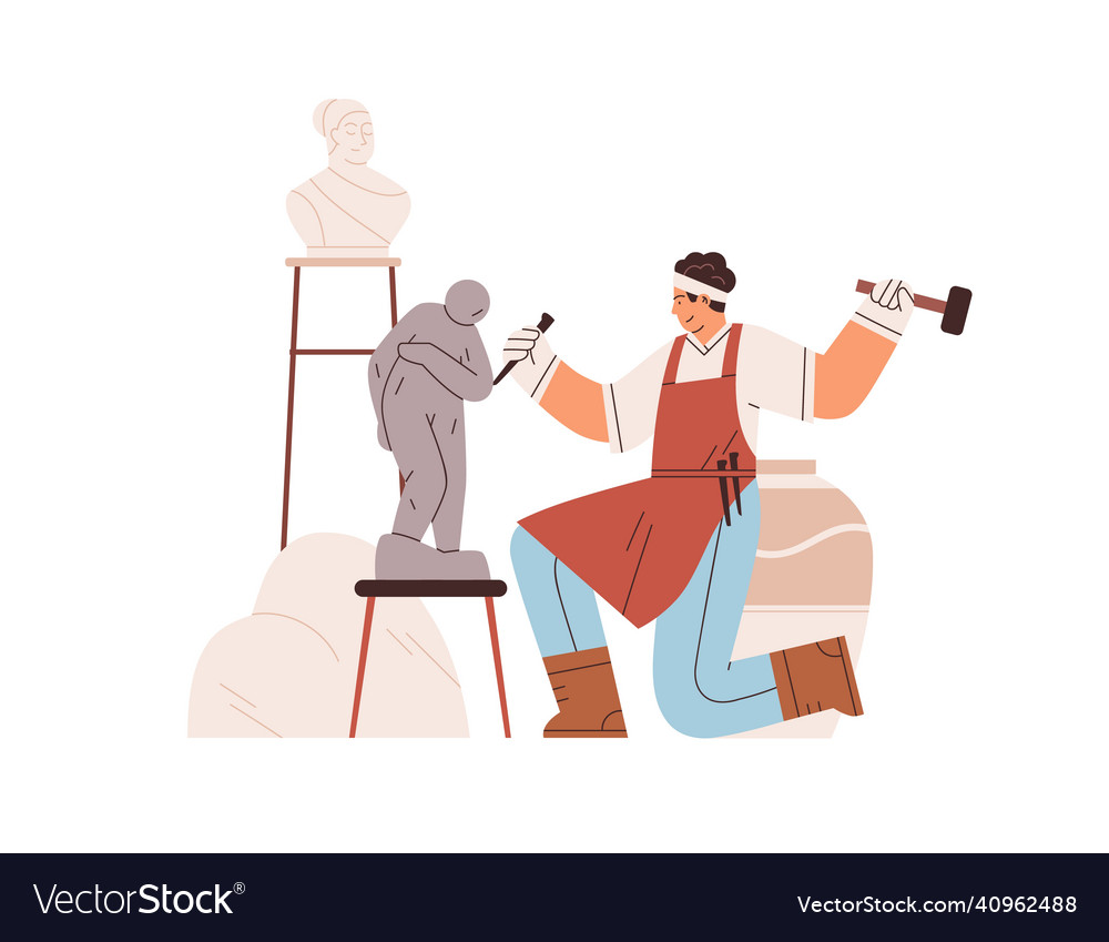 Sculptor with hammer and chisel making stone Vector Image