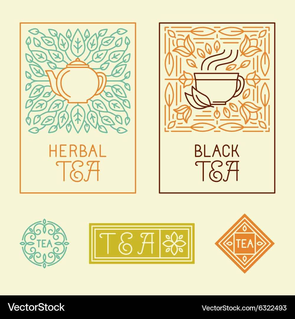 Tea packaging labels and badges in trendy linear Vector Image