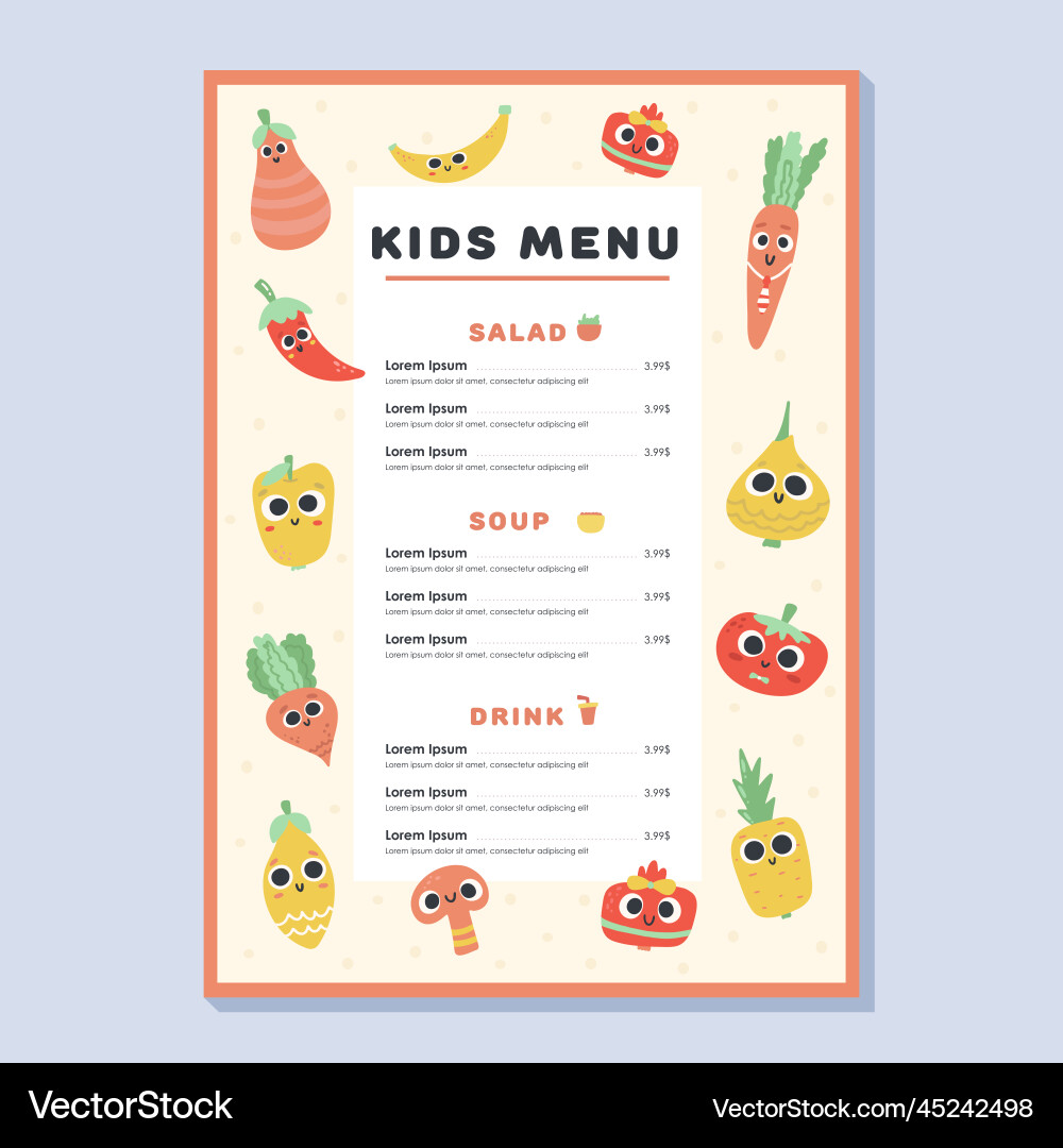 Kids menu cute colorful hand drawn template Vector Image