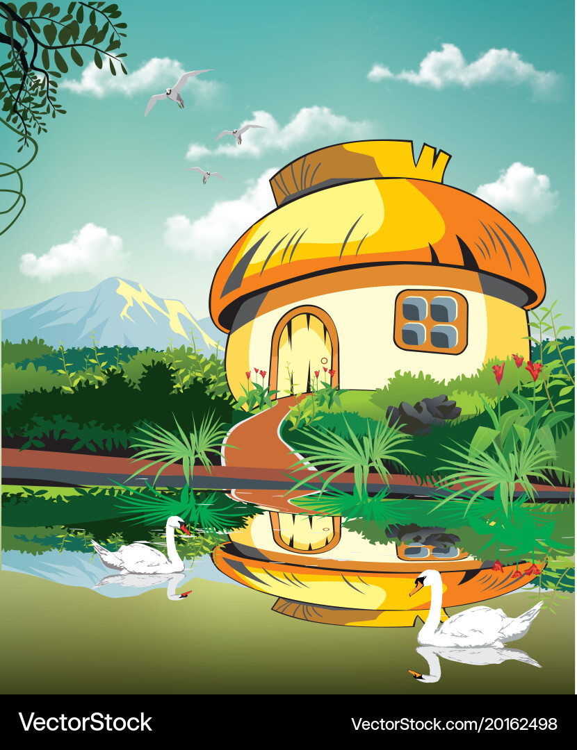 Realistic landscape-hut at pond with swans Vector Image