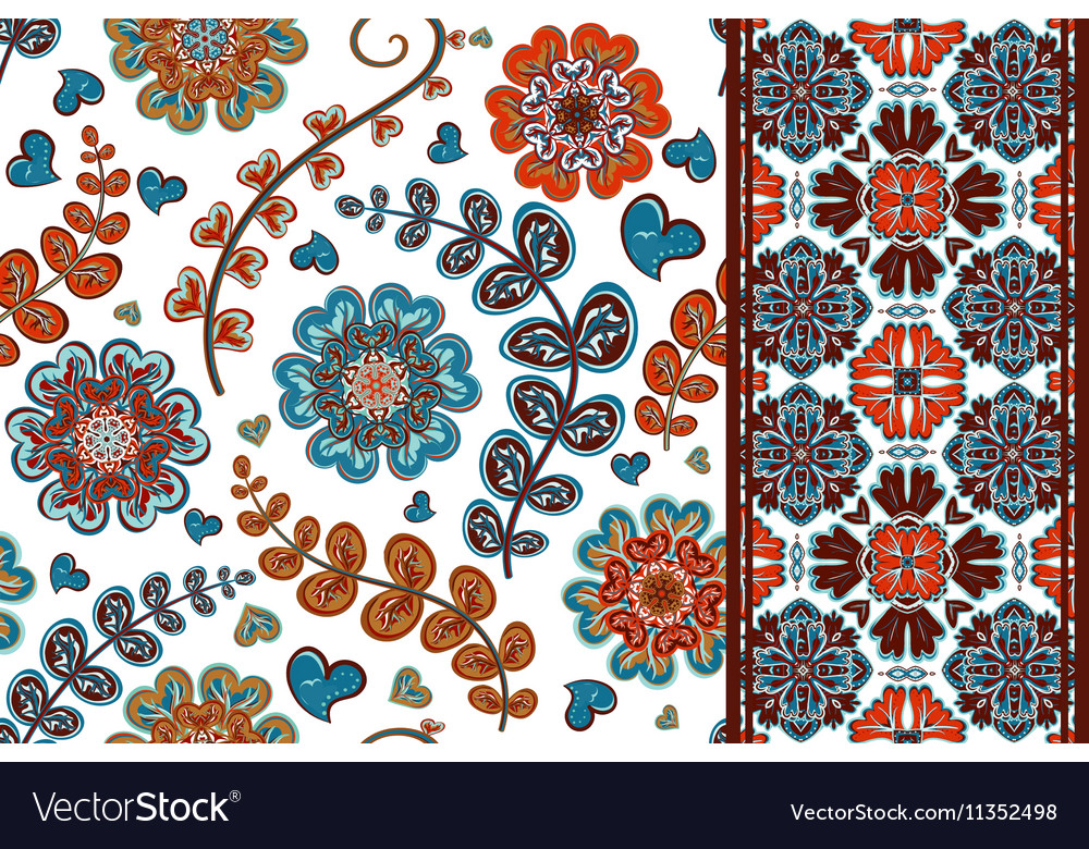 Set flowers seamless pattern and border Royalty Free Vector