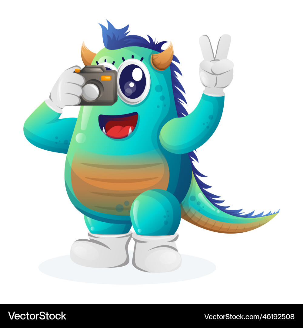 Cute blue monster taking photo with camera Vector Image
