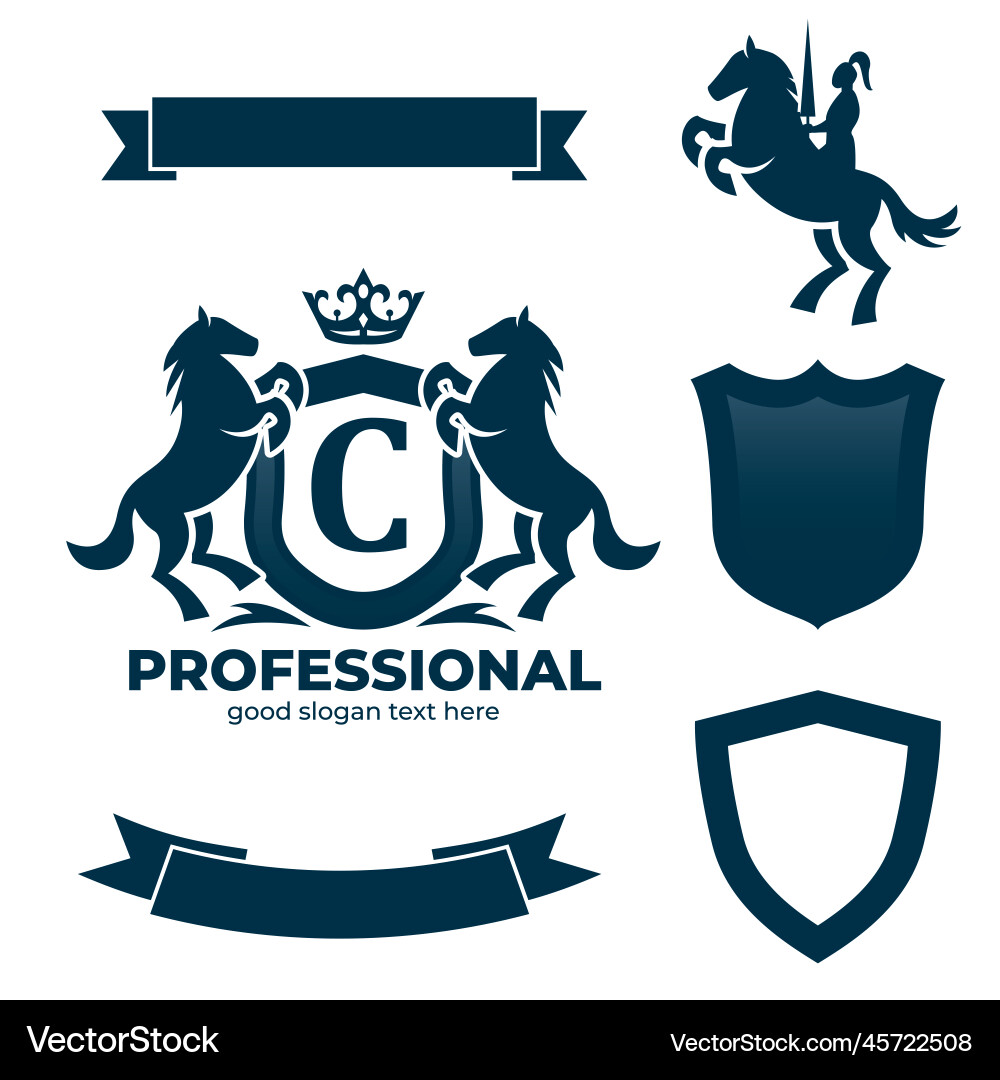 Letter c retro crest with shield and two horses Vector Image