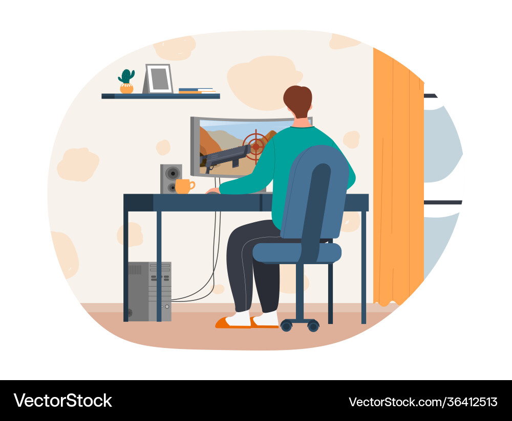 Male character is playing computer game at home Vector Image