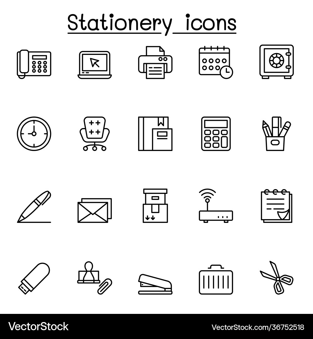 Office Stationery Icon Set In Thin Line Style Vector Image