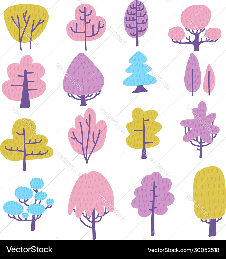 Set cartoon doodle trees beautiful hand drawn Vector Image