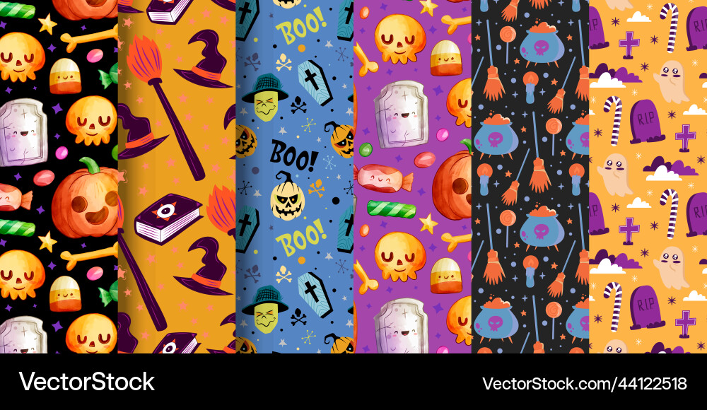Set of six halloween seamless patterns Royalty Free Vector