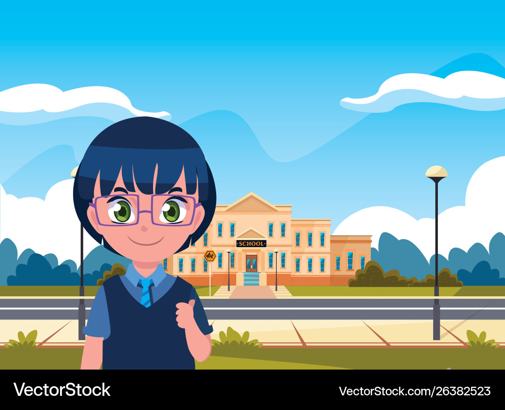 Student boy school building street Royalty Free Vector Image